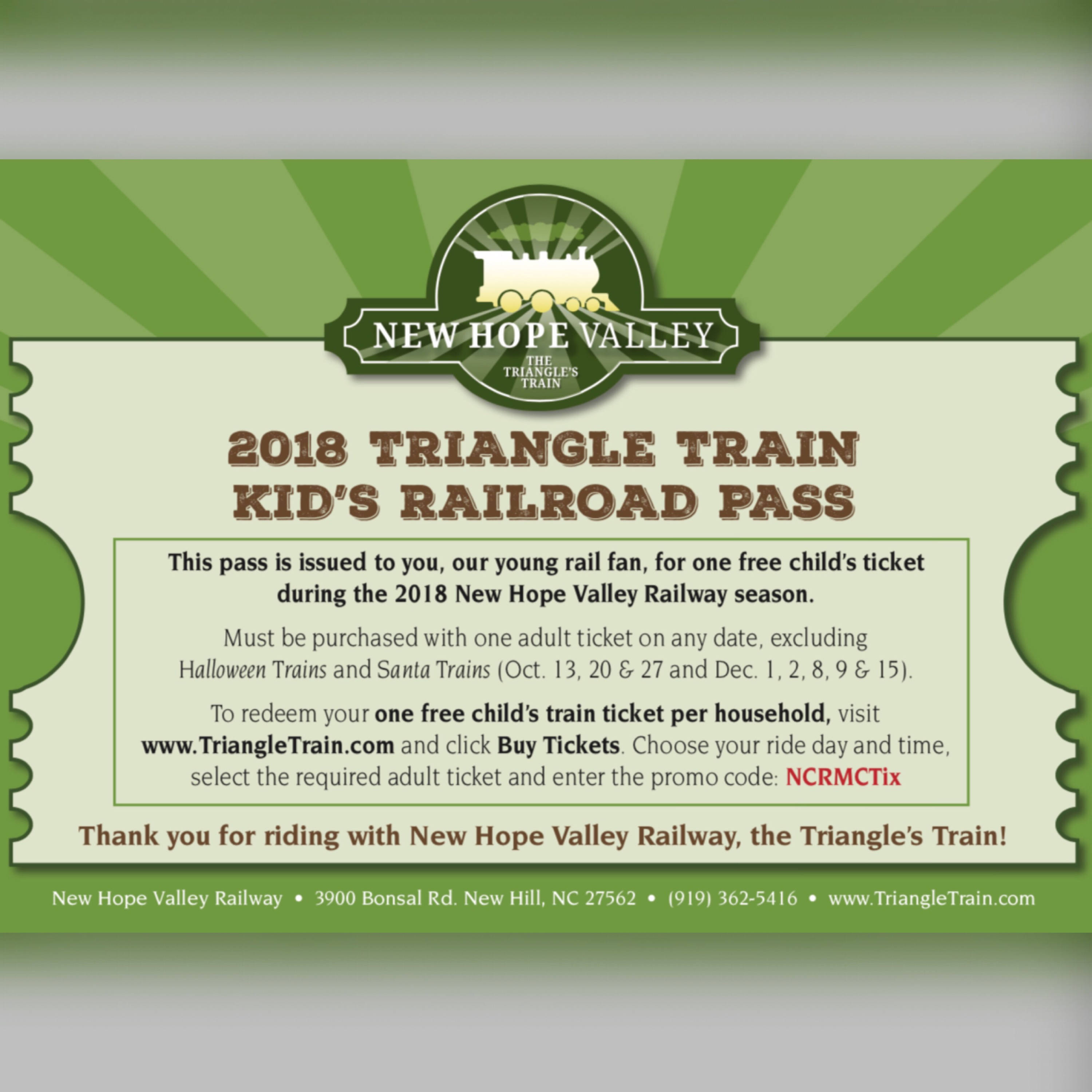 2018 Kids Railroad Pass | Triangle's Train | New Hope Valley Railway